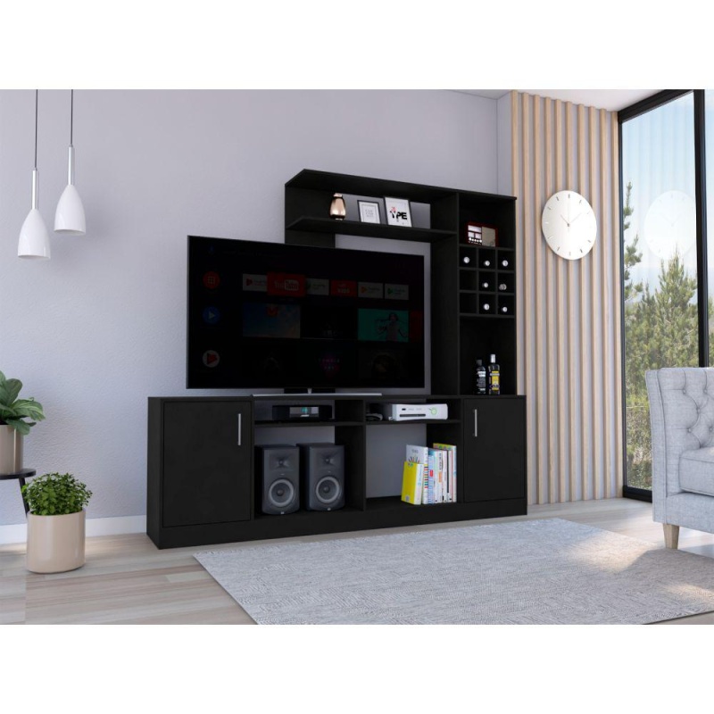King Entertainment Center with Storage and Shelves - Black
