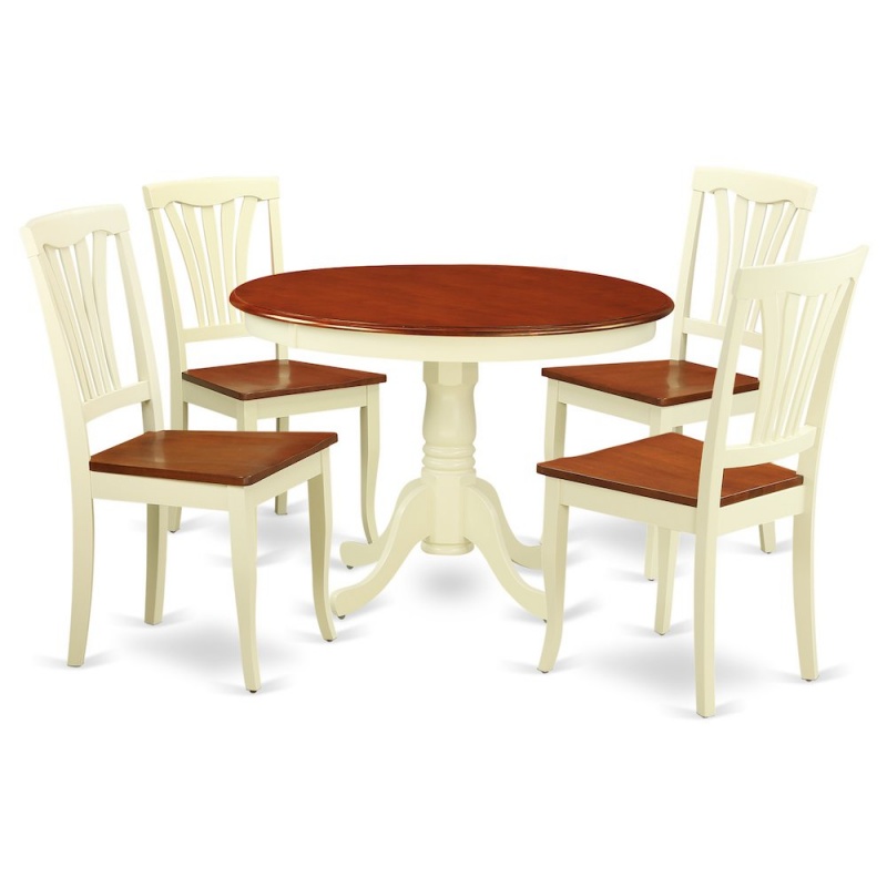 Round Dinette Table and 4 Leather Kitchen Chairs 5 Pc Set in Buttermilk ...