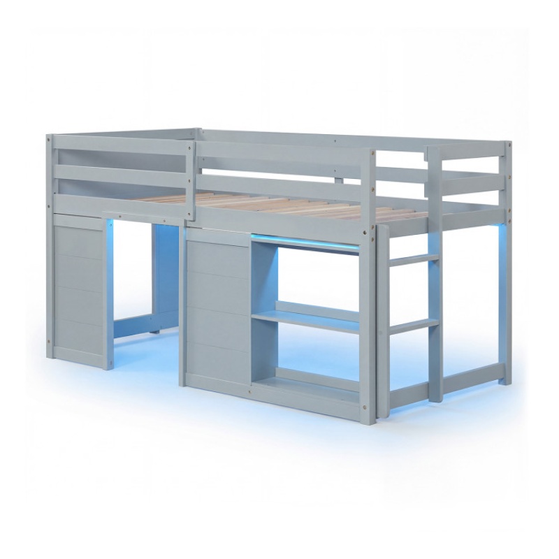 Wooden Low Kids Loft Bed With Led Lights And 2 Doors-Gray