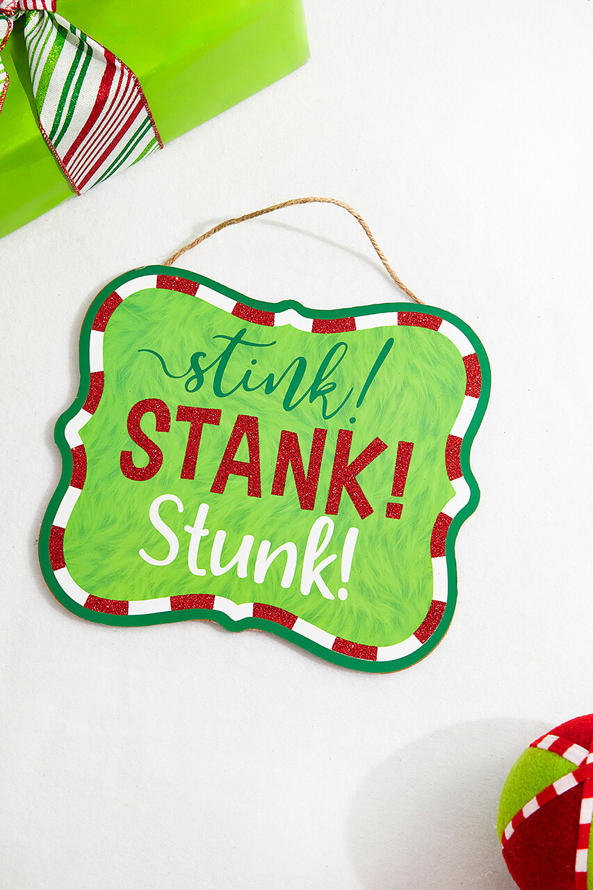 11" X 9" Red White Green Glitter Sign - "Stink! Stank! Stunk!"