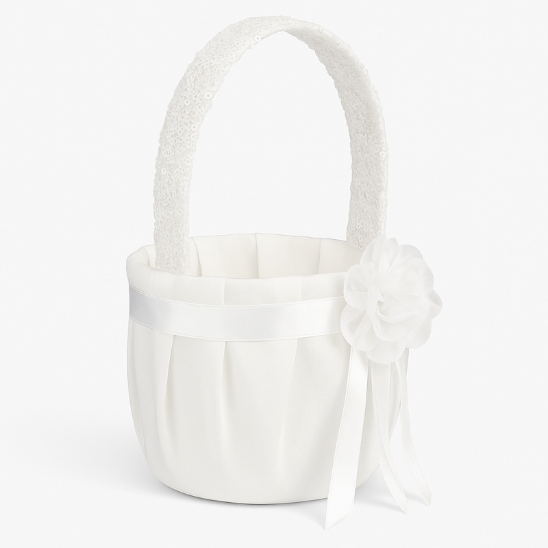 Elegant White Sequin Flower Girl Basket For Weddings