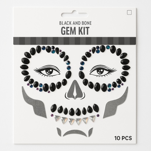 Halloween Skeleton Face Gem Kit - Black And Bone