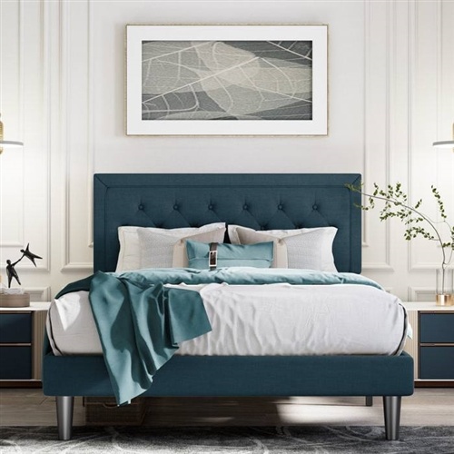 Buy Full Size Adjustable Height Platform Bed Frame with Blue Upholstered Headboard Online