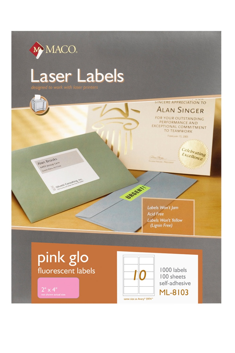 Laser Pink Neon Labels, 2" X 4", 10/Sheet, 1000 Labels/Bx