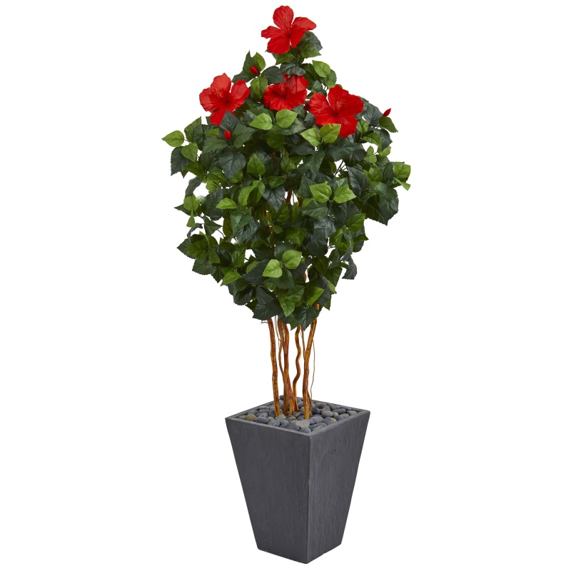 5 Foot Hibiscus Artificial Tree in Slate Planter - Artificial PlantsDecor