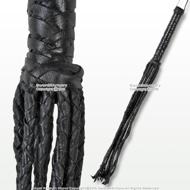 24" Cat O Nine Tail Scourge Black Leather Whip W/ 9 Individual Braided ...